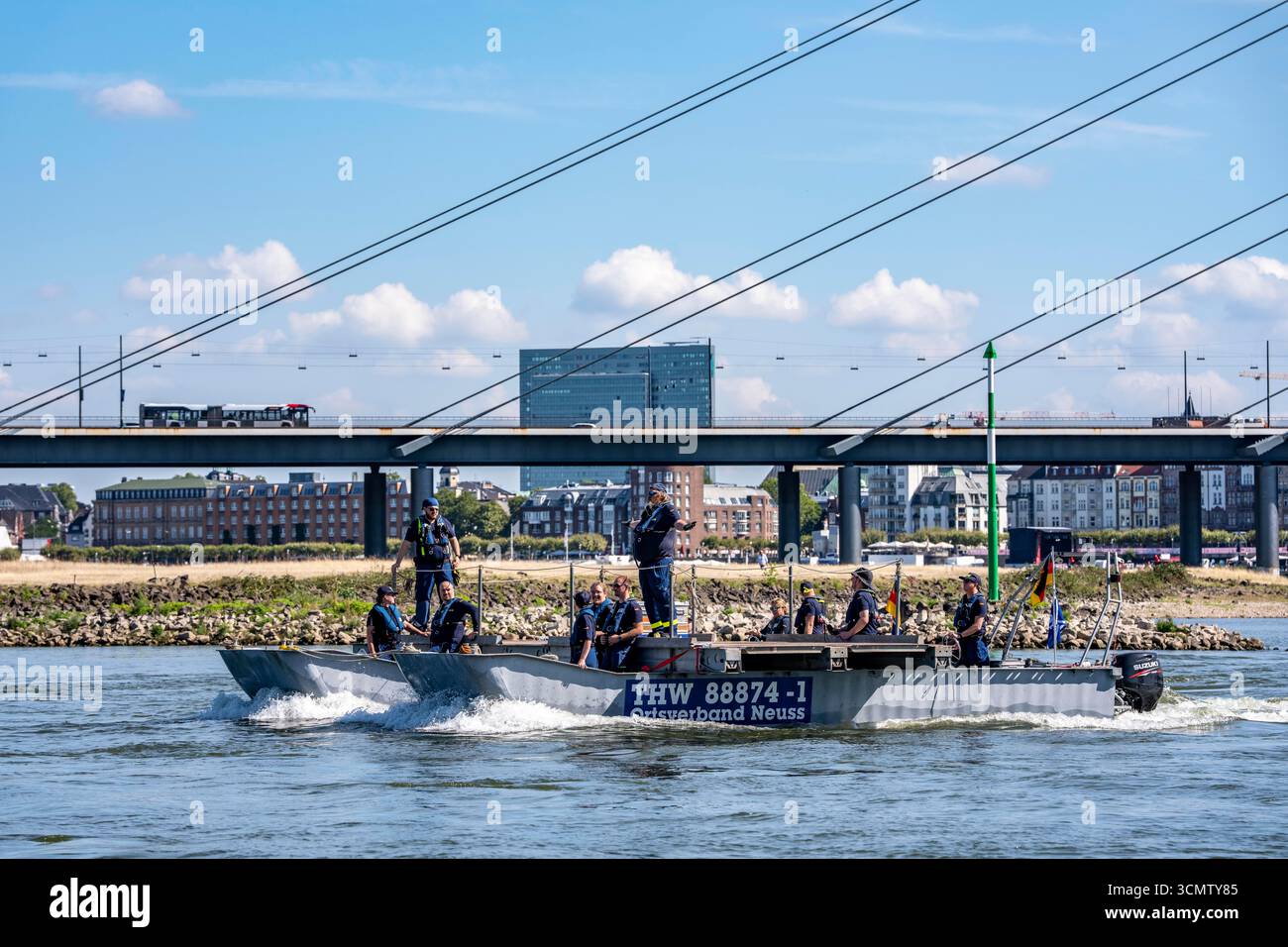Training exercise with a multi-purpose pontoon on the Rhine, boat ...