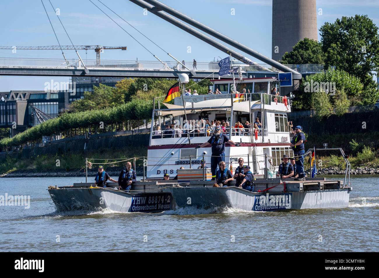 Training exercise with a multi-purpose pontoon on the Rhine, boat ...