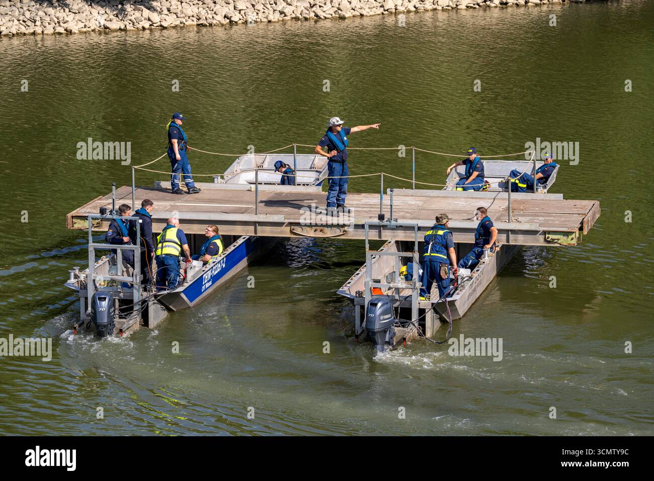 Training exercise with a multi-purpose pontoon on the Rhine, boat ...