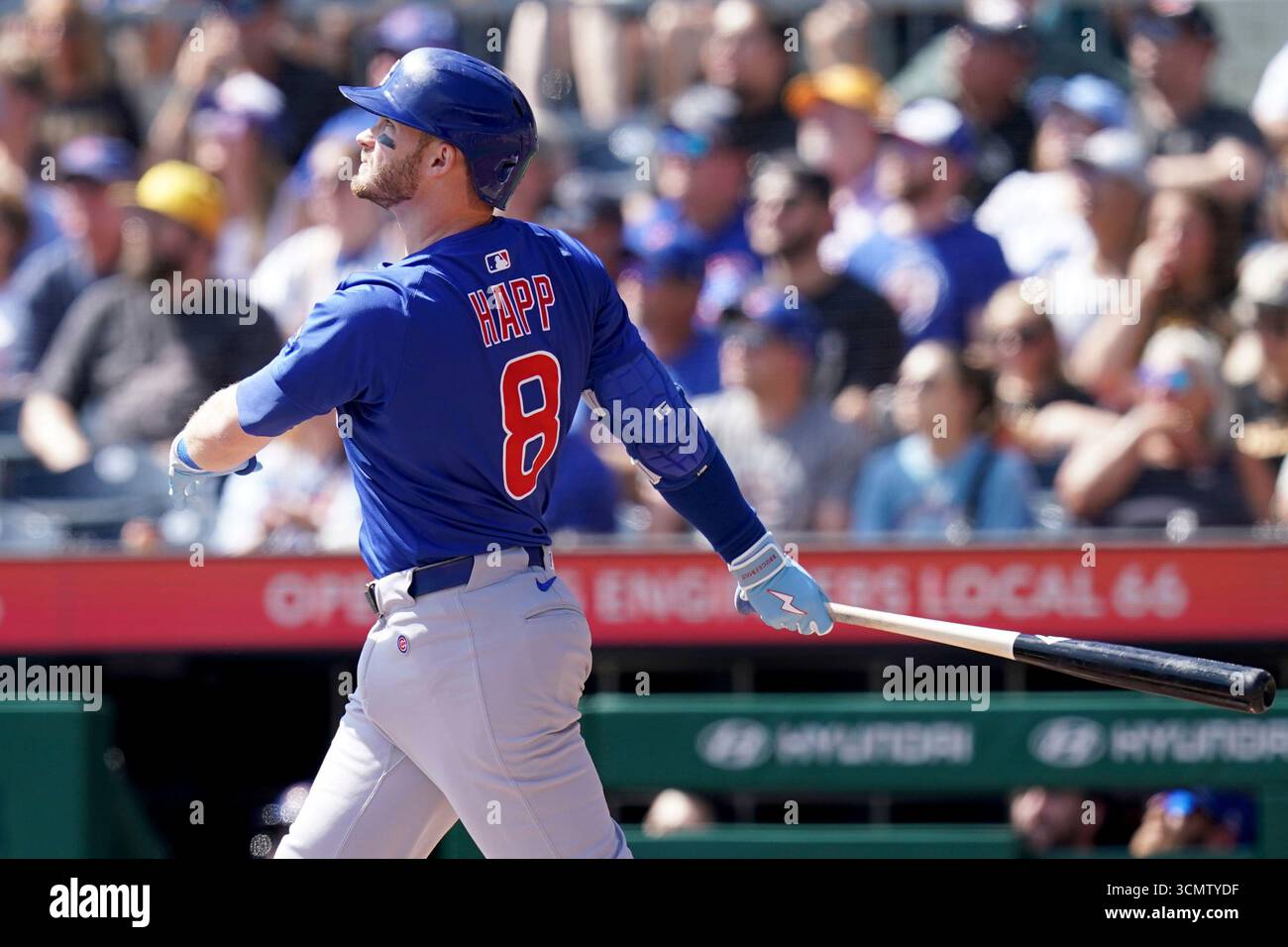 Chicago Cubs' Ian Happ watches his two-run home run during the first ...
