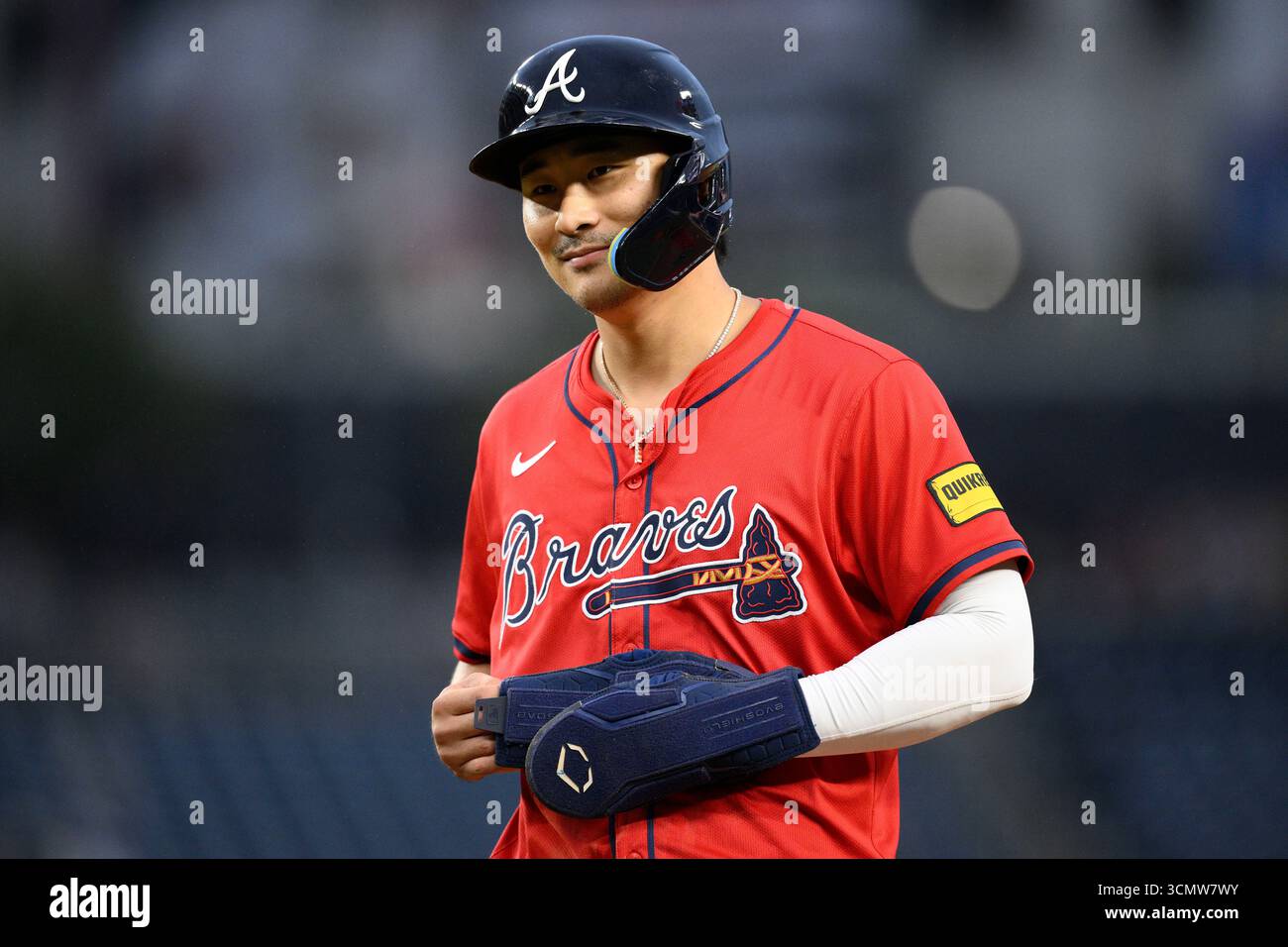 Atlanta Braves' Ha-Seong Kim stands at first base during the ninth ...