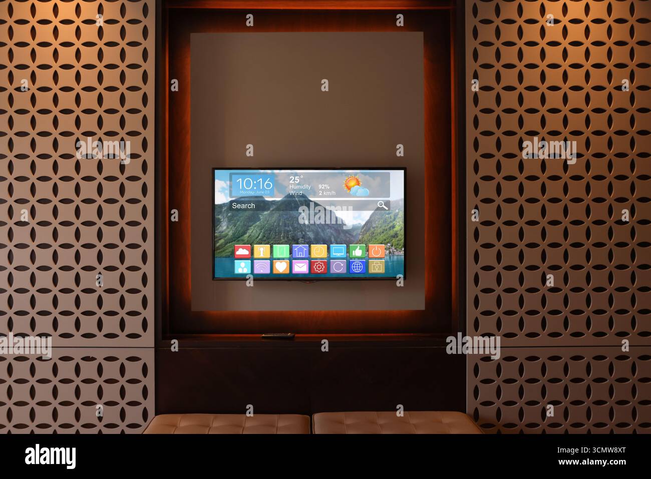 TV set showing menu with icons and information on display in room Stock ...