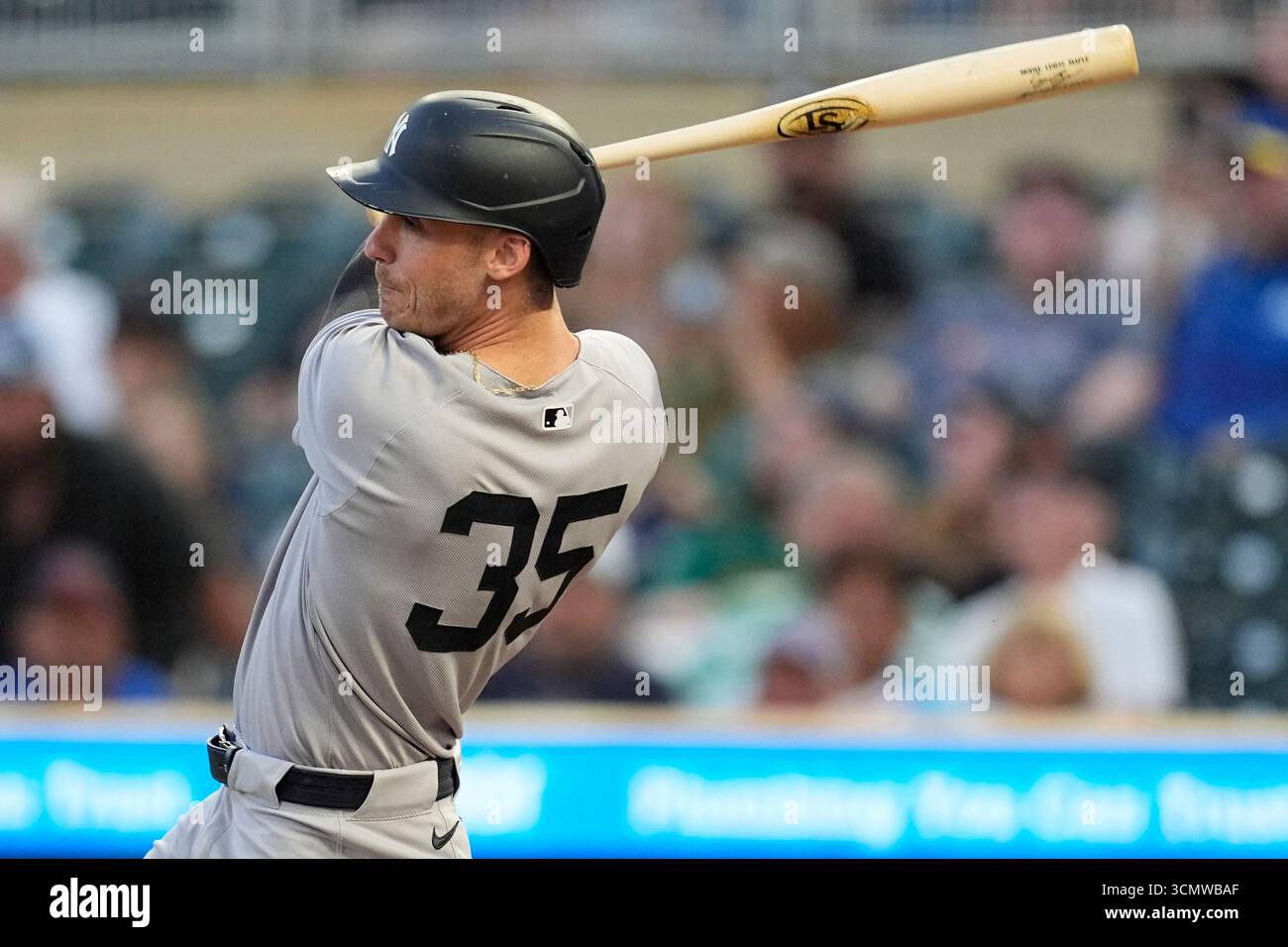 New York Yankees' Cody Bellinger (35) hits an RBI-double in the first ...