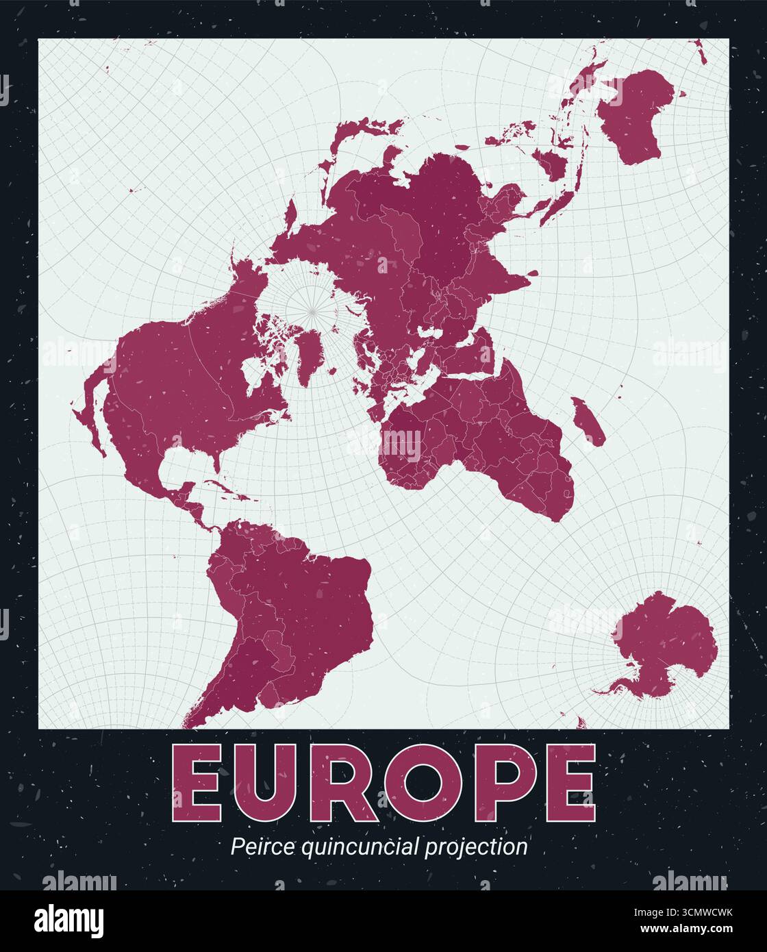 Europe. World map. Peirce quincuncial projection centered to Europe ...