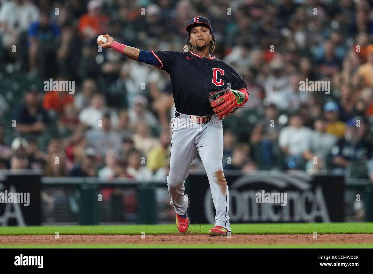 Cleveland Guardians third baseman José Ramírez throws to first base for ...