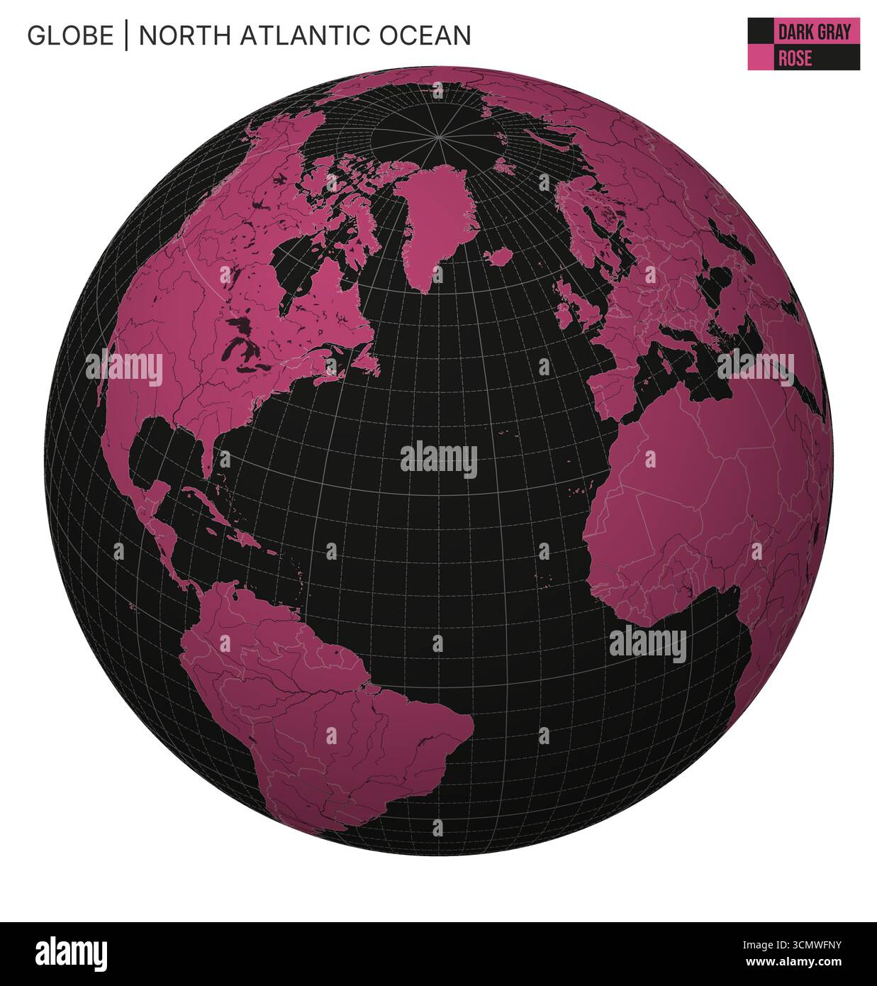 Vector Globe centered to North Atlantic Ocean. Dark Gray Rose palette ...