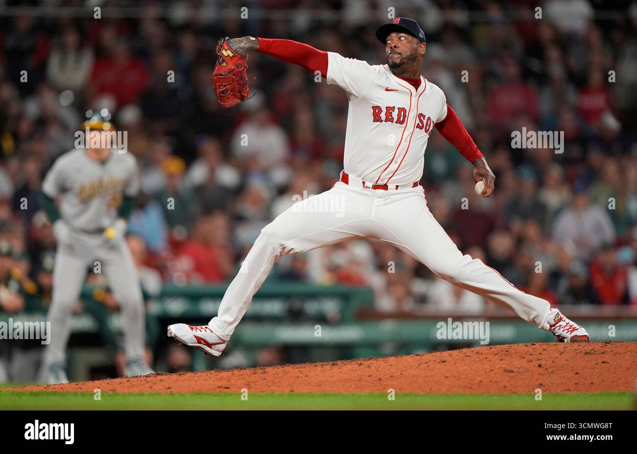 Boston Red Sox pitcher Aroldis Chapman delivers in the ninth inning of ...