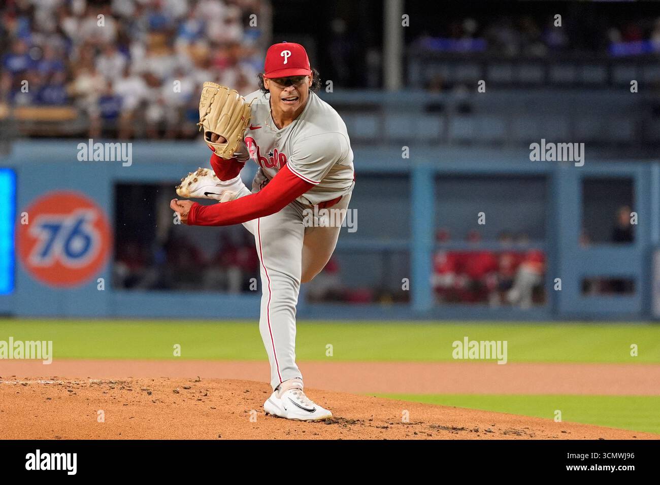 Philadelphia Phillies starting pitcher Jesus Luzardo works against a Los Angeles Dodgers batter ...