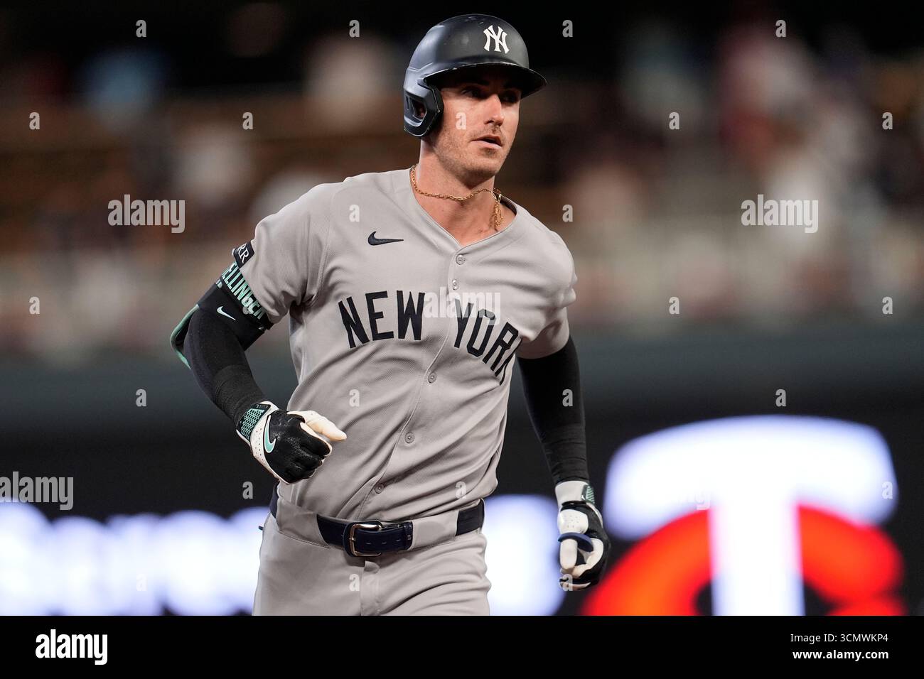 New York Yankees' Cody Bellinger (35) runs the bases after hitting a ...