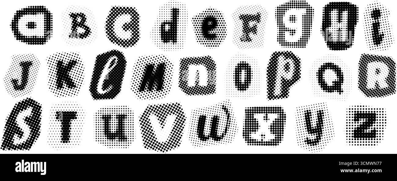 Black halftone alphabet. Retro pixelated different letters design ...