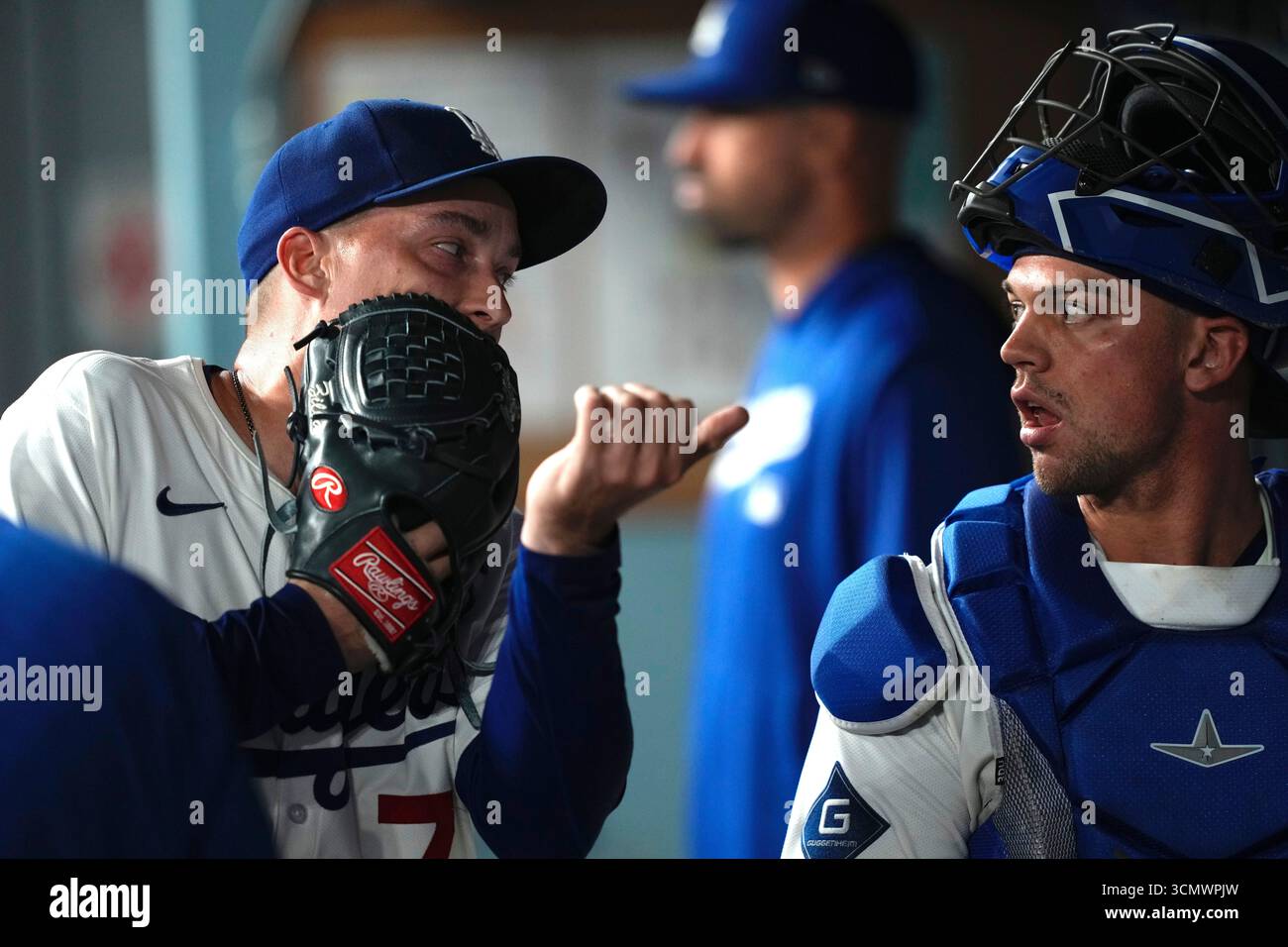 Los Angeles Dodgers starting pitcher Blake Snell, left, talks with ...