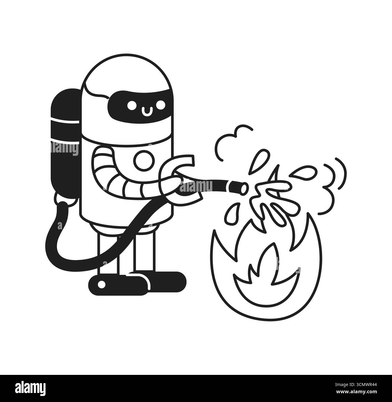 Black and white illustration of a friendly robot firefighter with a ...