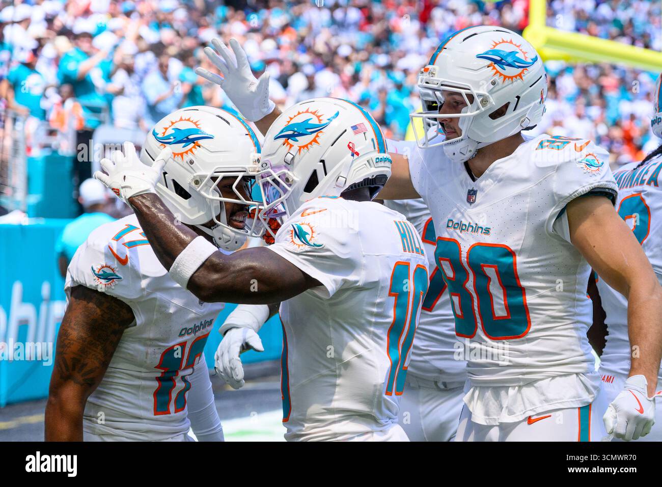 Miami Dolphins wide receiver Jaylen Waddle (17) celebrates scoring a ...