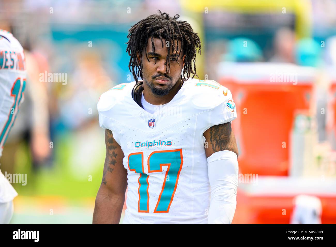Miami Dolphins wide receiver Jaylen Waddle (17) walks on the sidelines ...