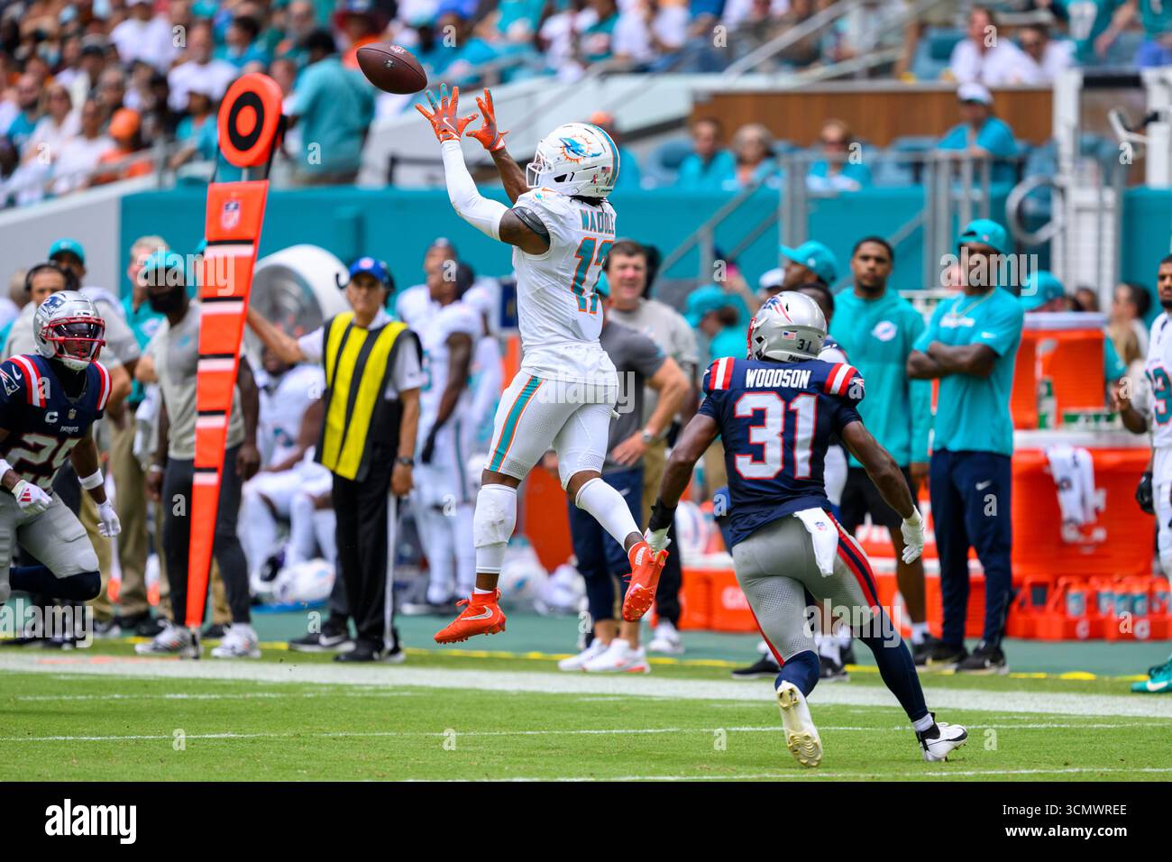 Miami Dolphins wide receiver Jaylen Waddle (17) jumps in the air to ...