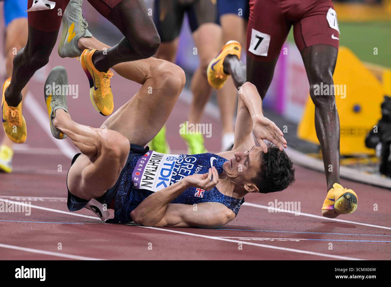 Jake Wightman of Great Britain has a fall during the men’s 1500m final ...