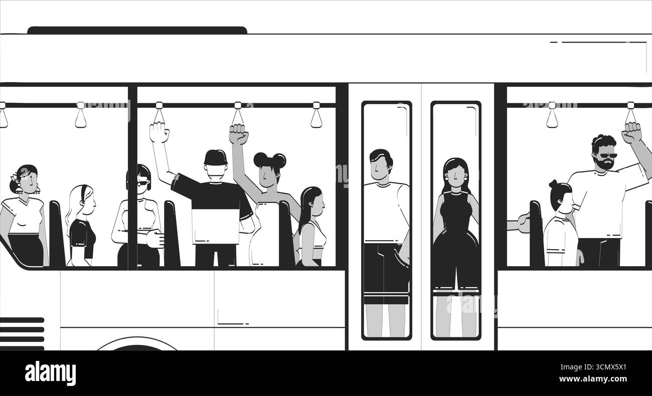 Crowded bus with diverse faceless passengers doodle lineart ...