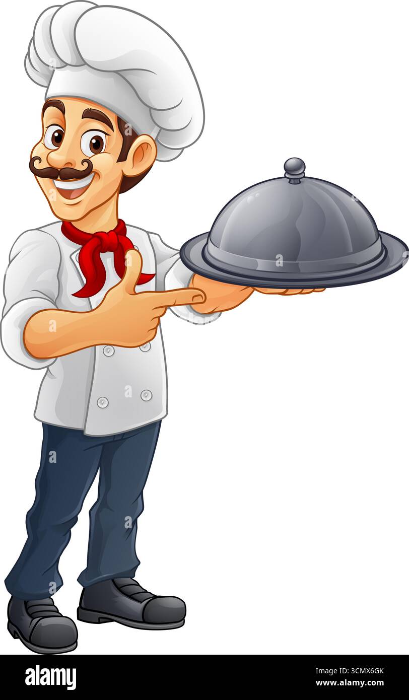 Chef Baker Cook Plate Cloche Cartoon Man Pointing Stock Vector Image ...