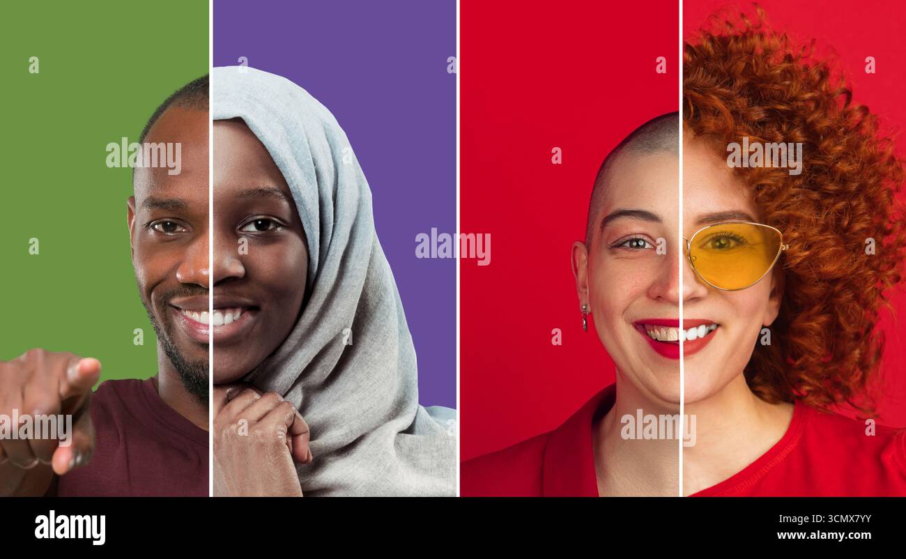 Creative split portraits of diverse people on vibrant colored ...