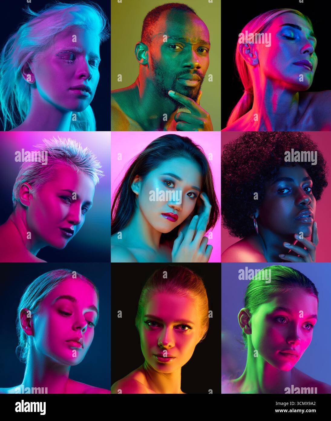 Artistic collage of diverse portraits with neon lighting and dramatic ...