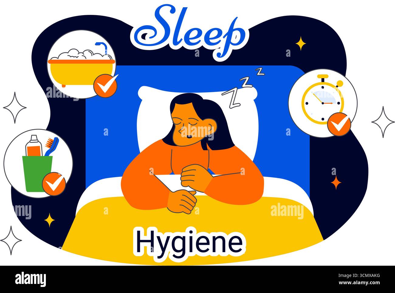 Sleep Hygiene Illustration Featuring a Young Person Sleeping in Bed ...