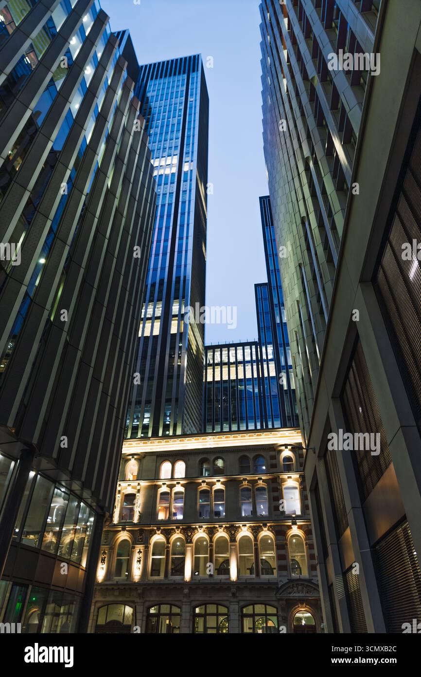 Corporate Architecture. High Rise Office Buildings with Evening Lights ...