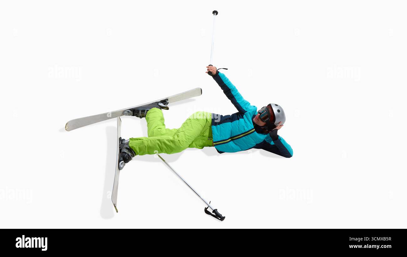 Female skier lying on snow after fall with expressive gesture isolated ...