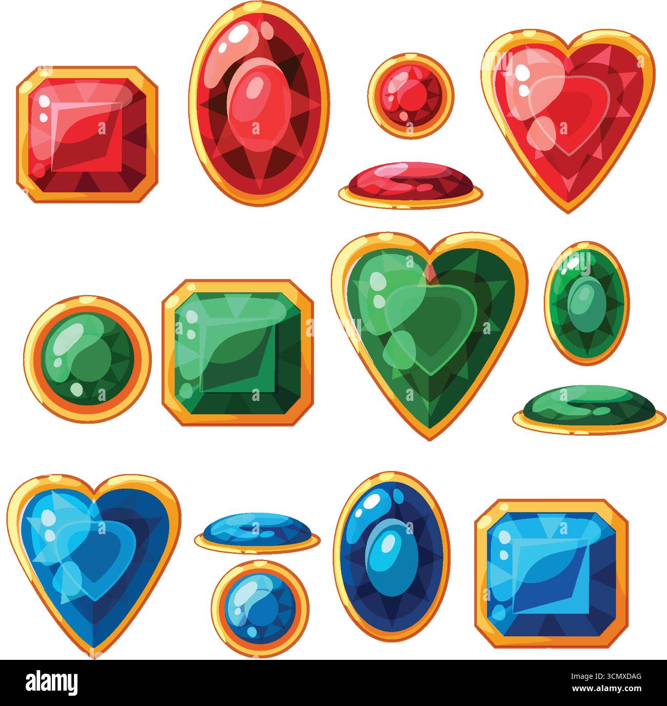 Colorful cartoon vector gemstones with gold settings, glossy highlights ...