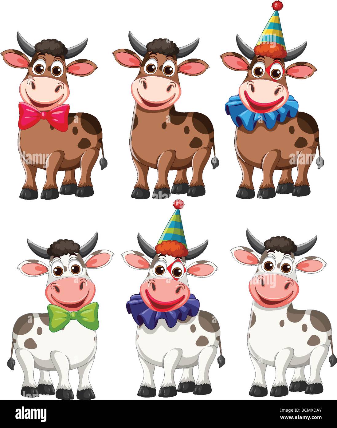 Six cartoon brown and white cows in party hats and bow ties, vector ...
