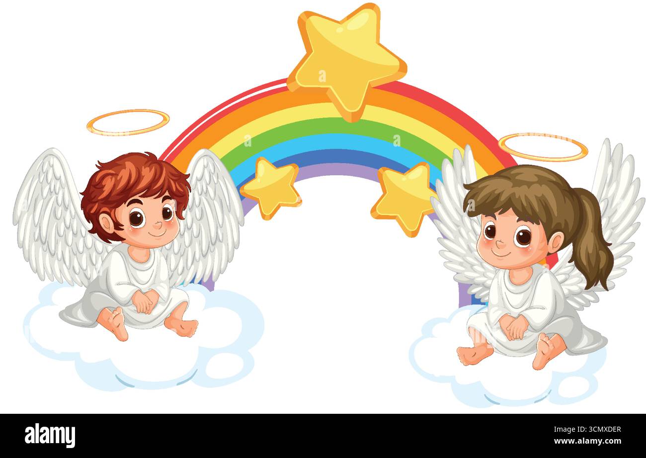 Cheerful vector of two child angels with halos, wings, rainbow, and ...