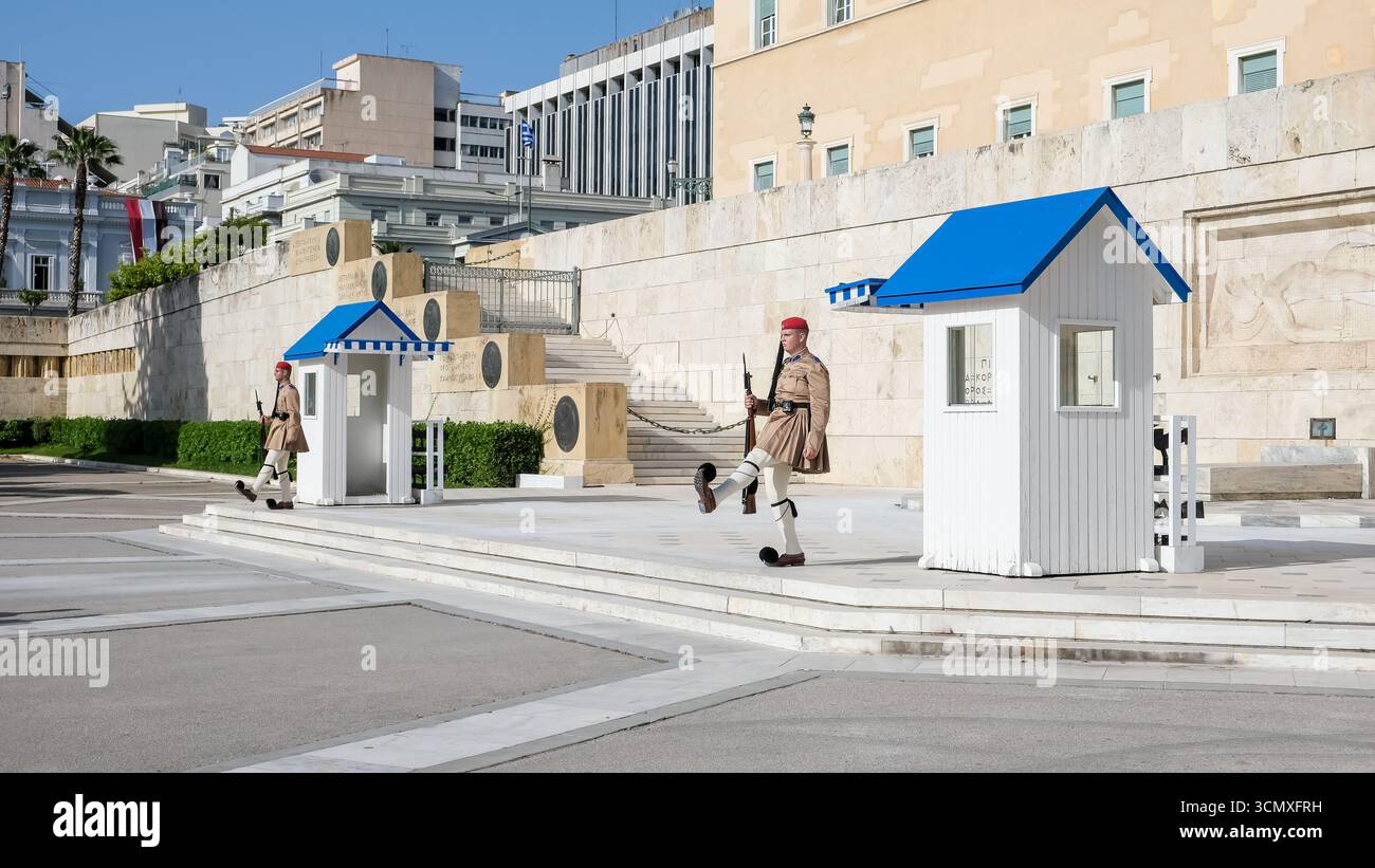 View of the Greek Presidential Guard (Evzones) in traditional uniform ...