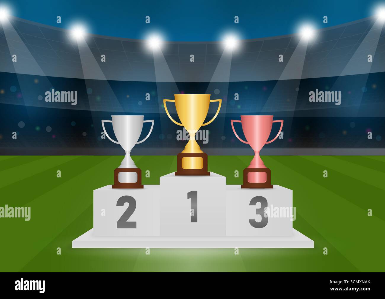 Trophy Cups on Sport Winner Podium on Soccer Field in Stadium or Sport ...