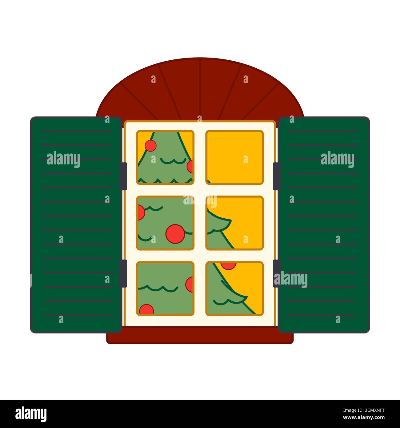 Cozy wooden window with green shutters revealing a decorated Christmas ...