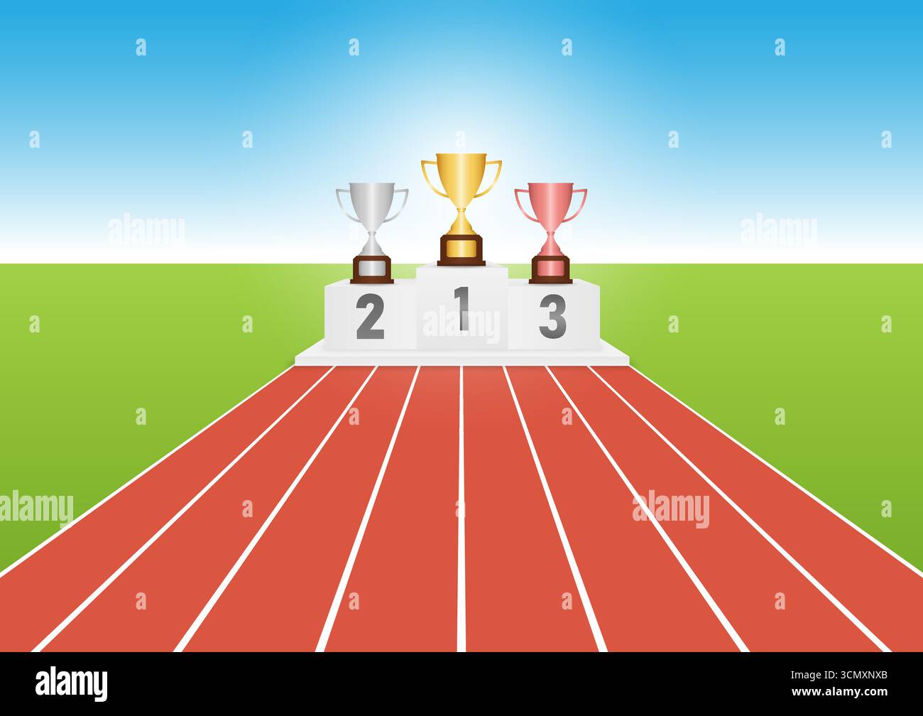 Trophy Cups on Sport Winner Podium on Running Track or Athlete Track in ...