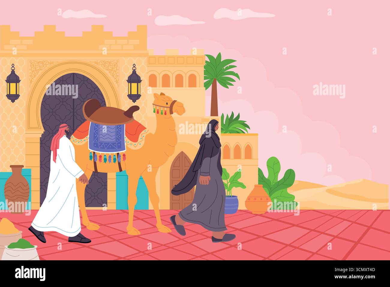 Flat Hand Drawn Vibrant Arab Culture and Desert Life Composition Stock ...