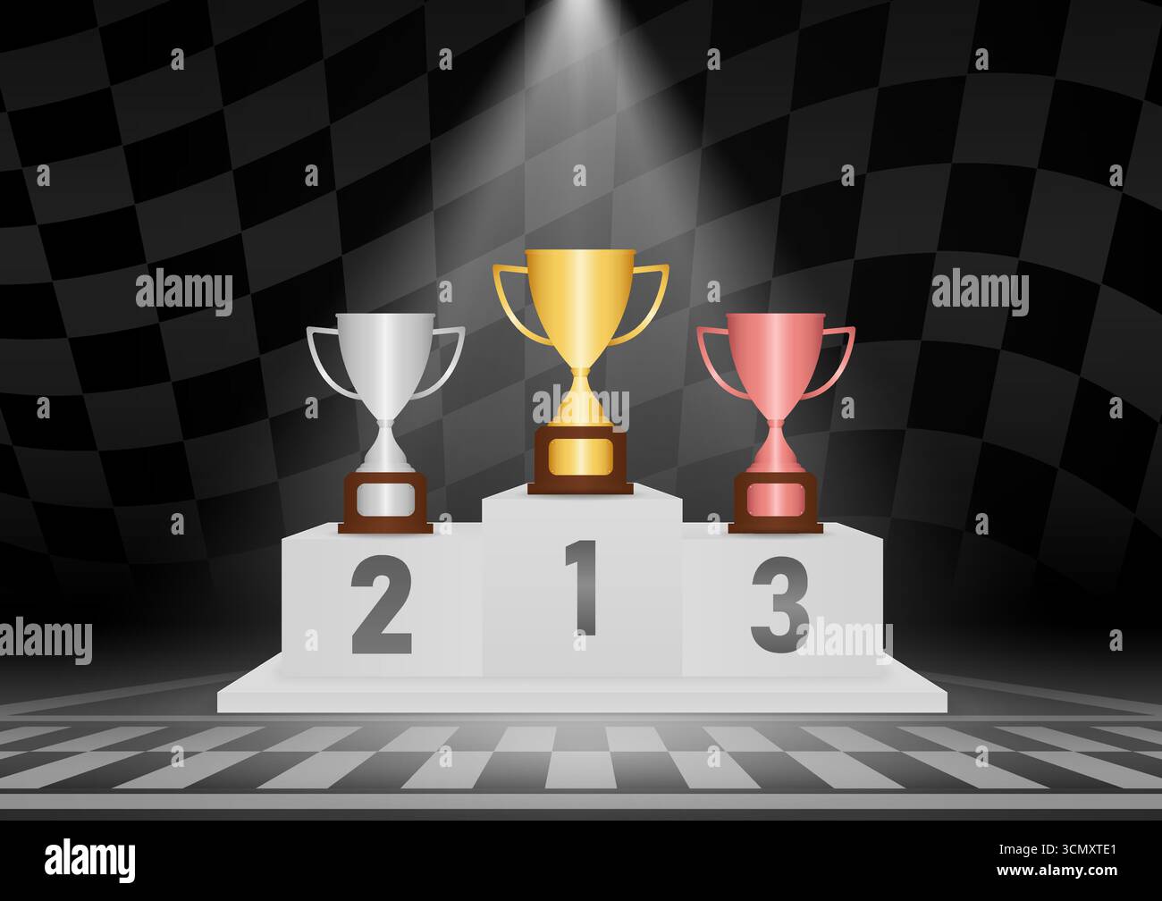 Trophy Cups on Winner Podium in Racing Track Arena. Pedestal Sport ...
