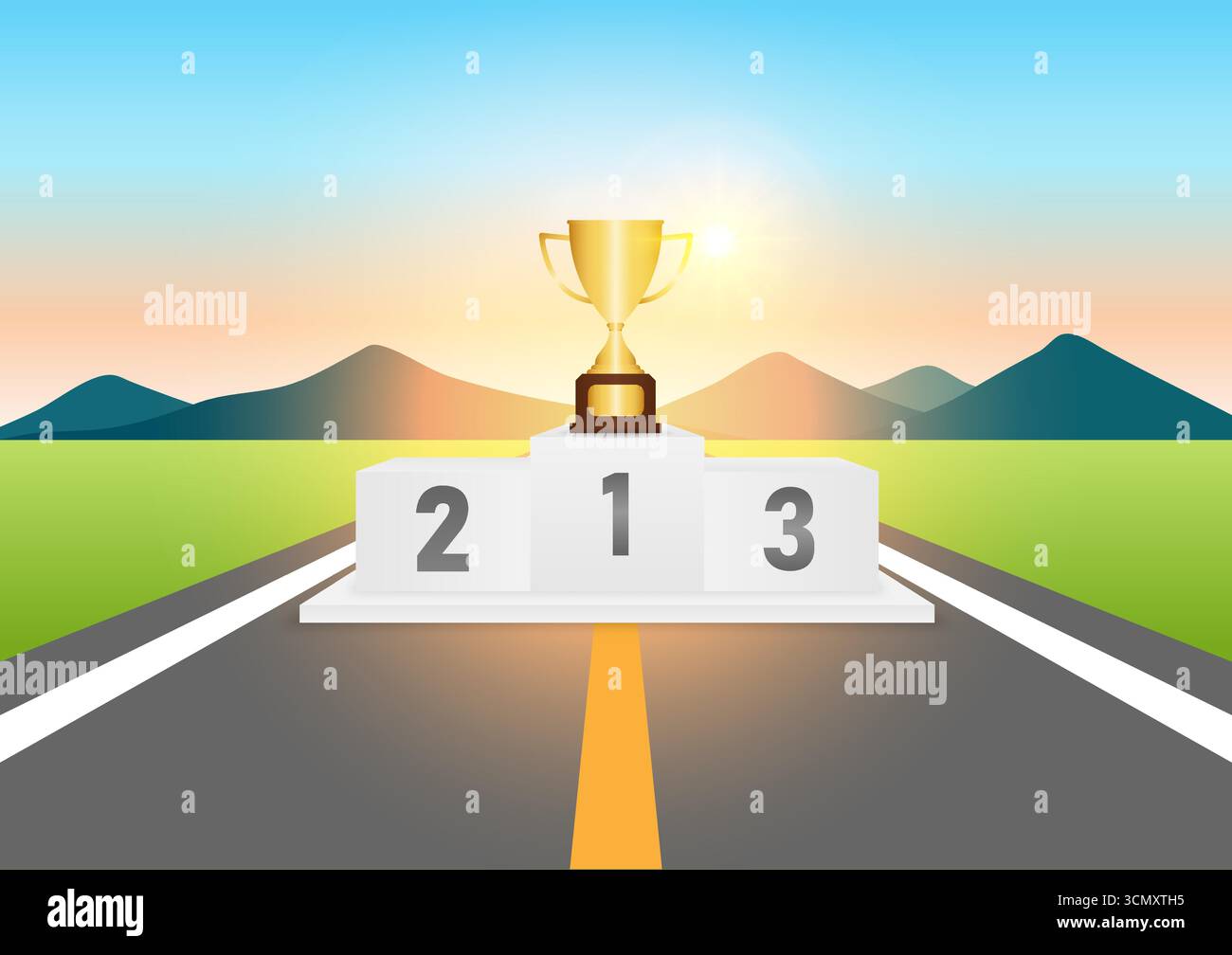 Trophy Cups on Winner Podium on Asphalt Road. Pedestal Sport Podiums ...