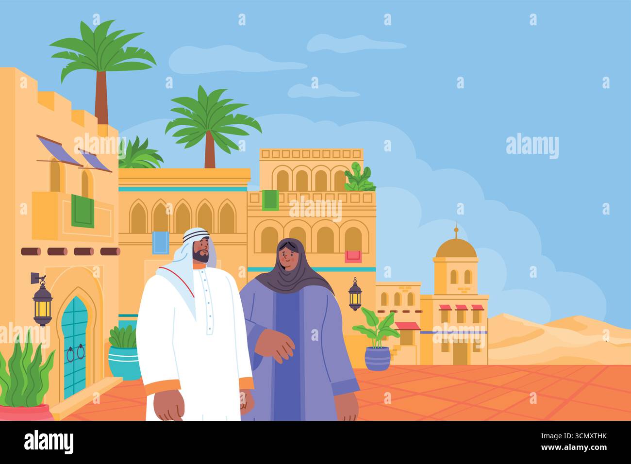 Flat Hand Drawn Modern Cartoon Art of Traditional Arab Life Composition ...
