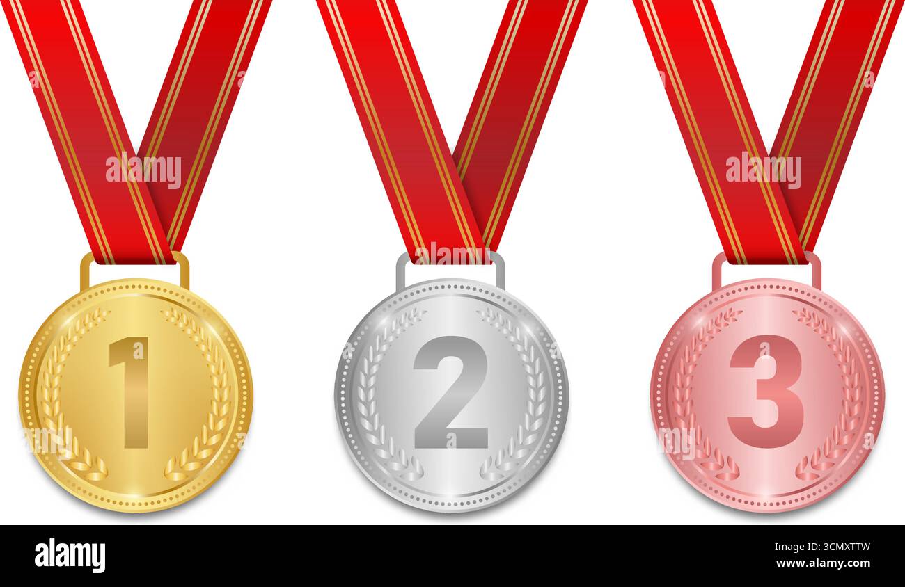 Medal. Gold, Silver and Bronze Medals with Red Ribbon. Sport Winner ...