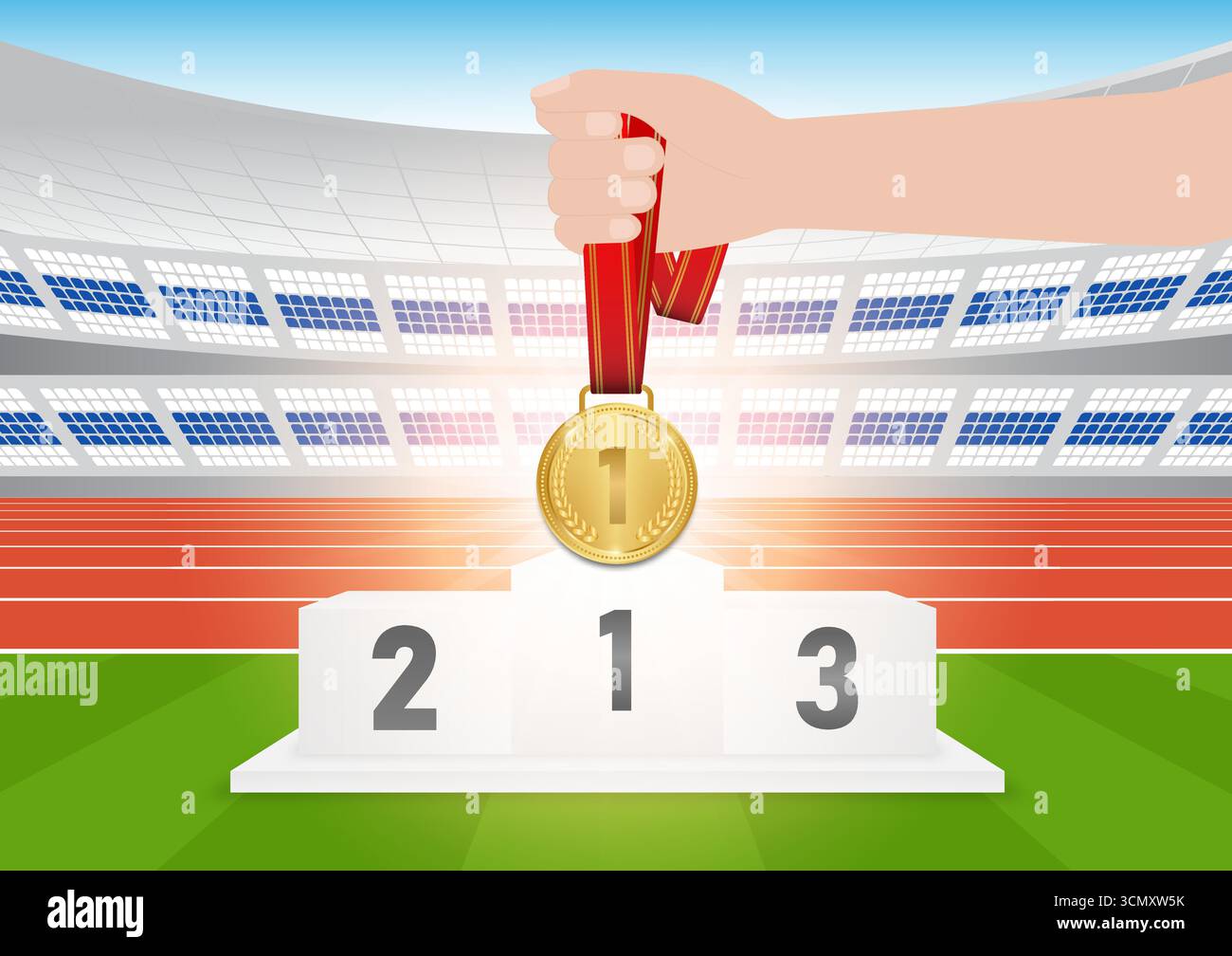Hand Holding Gold Medal in Running Track Arena. Champion and Winning ...