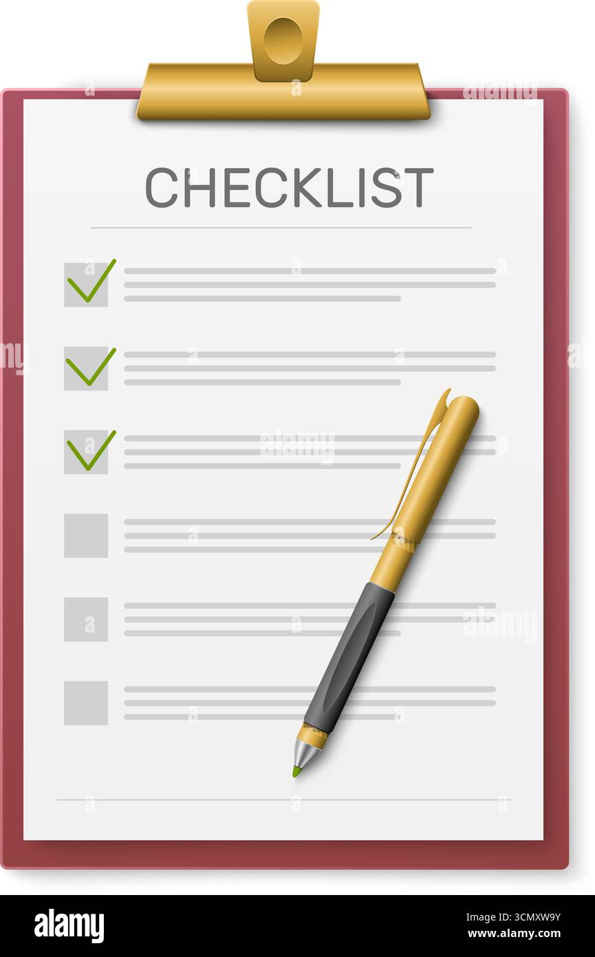 Realistic paper clipboard with checklist and pen marks of completed ...