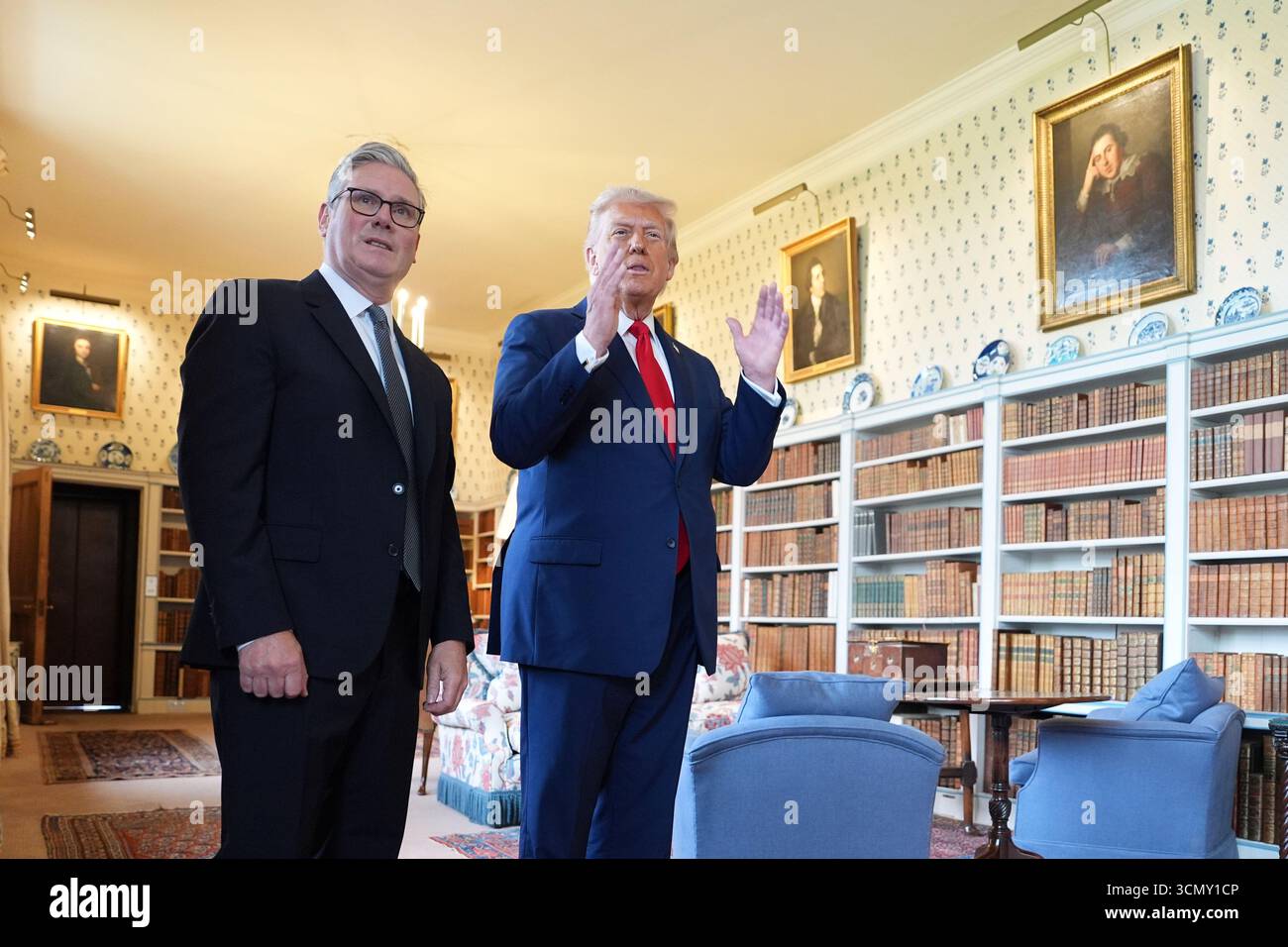 President Donald Trump gestures next to Britain's Prime Minister Keir ...