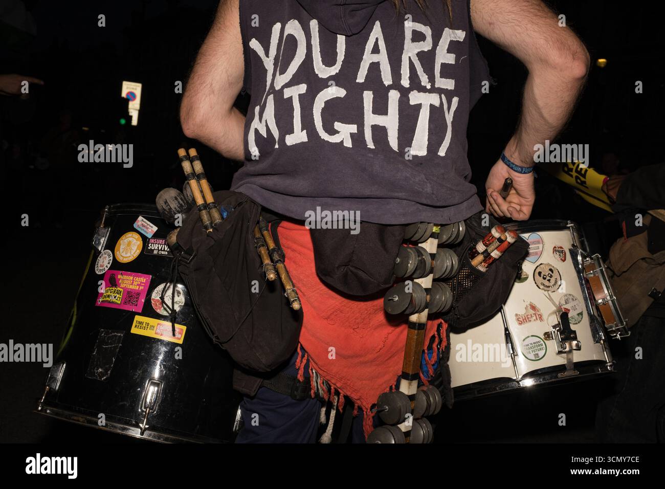 A drummer displays solidarity with Palestine during the demonstration ...