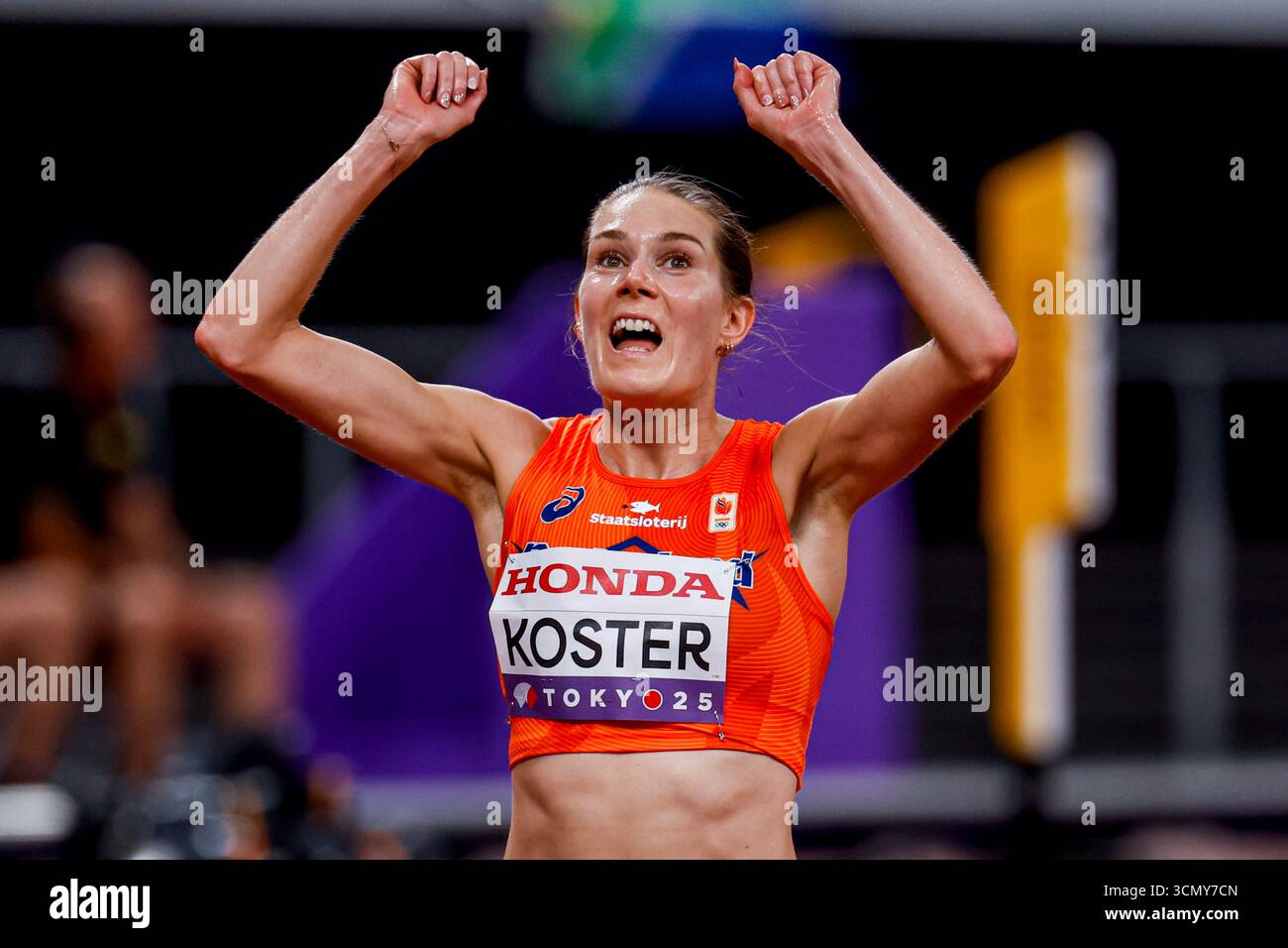 Maureen Koster of the Netherlands celebrates after competing in the ...