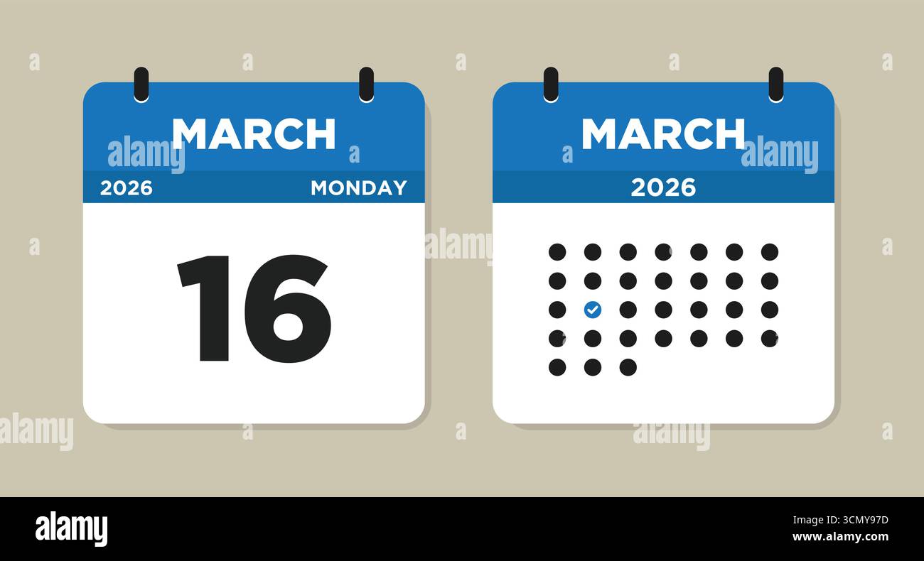 March 16 2026 Monday Calendar Vector Illustration. 16 March calendar ...