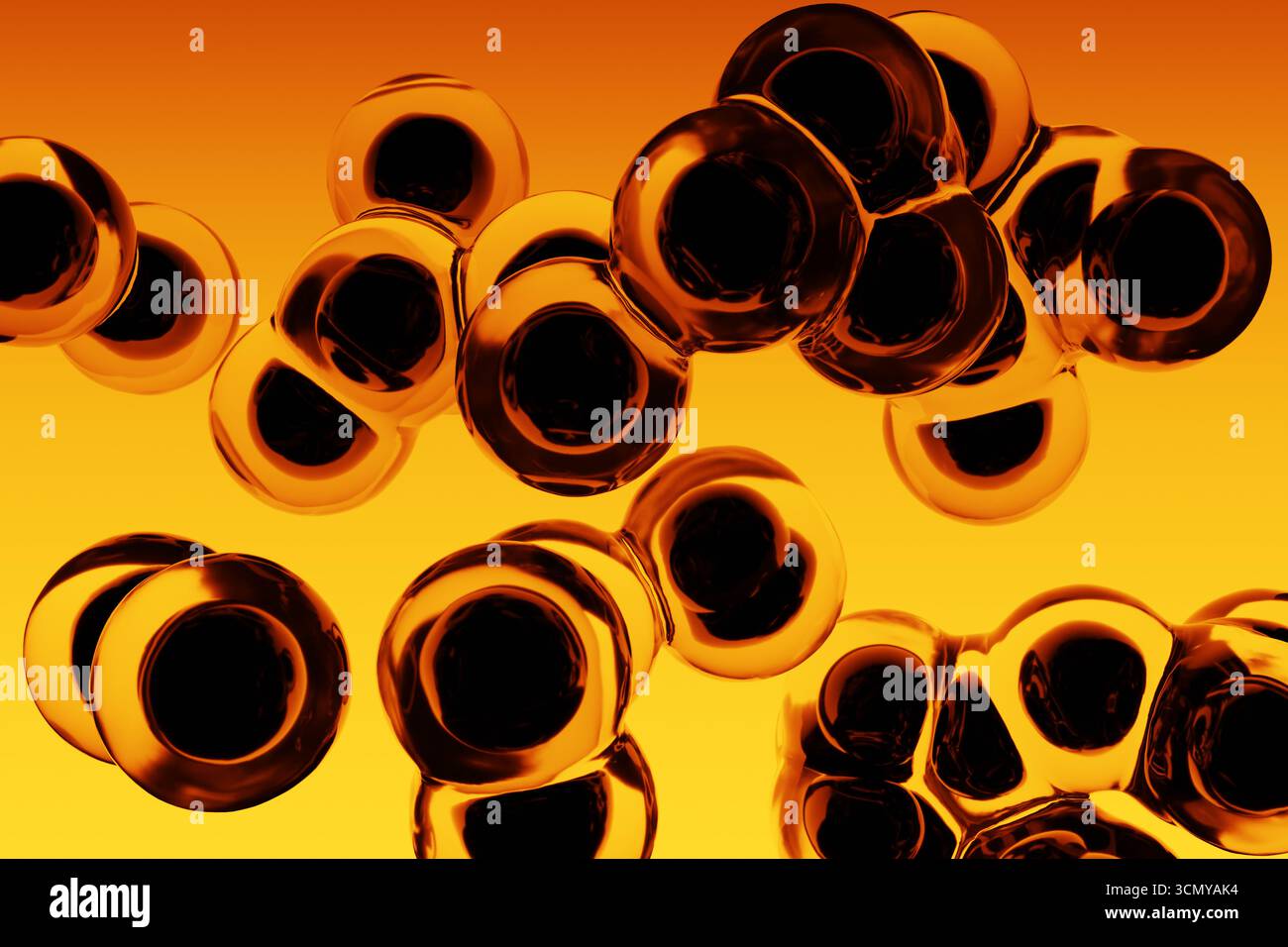 Transparent organic cells with a black nucleus on a glowing orange ...