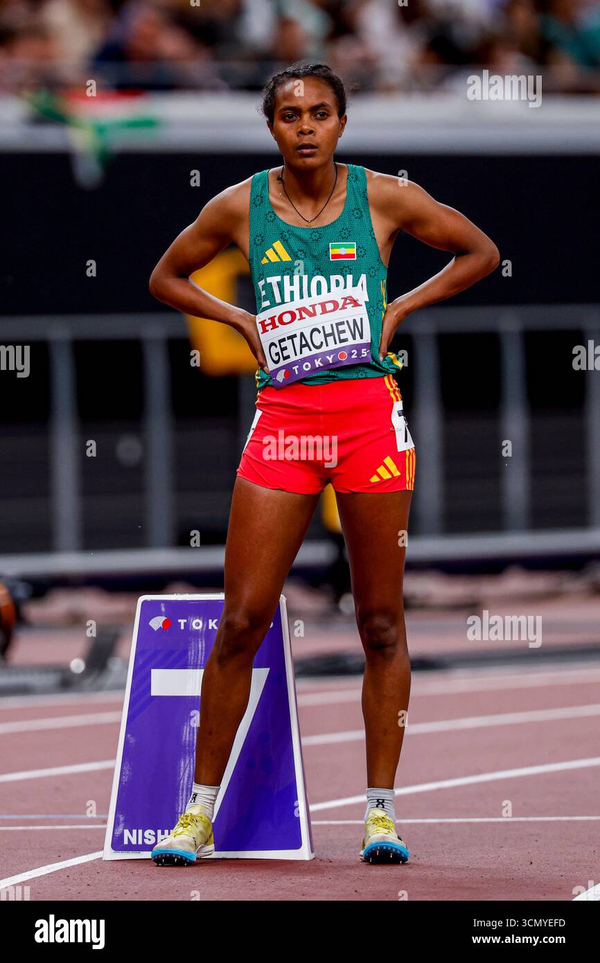Nigist Getachew of Ethiopia looks on before competing in the Women's ...