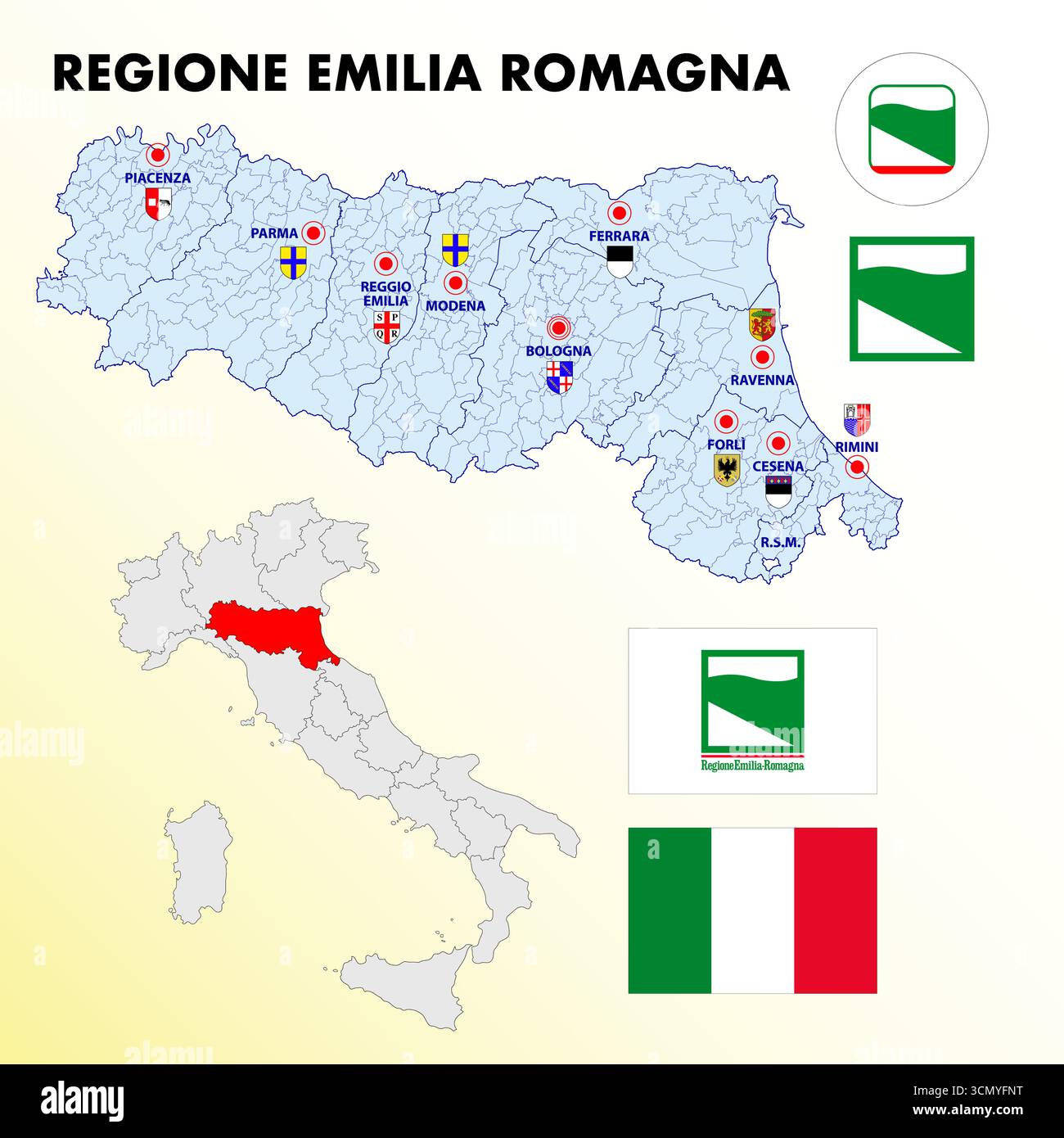 Emilia Romagna, Italy, regional map and symbols of the region and ...