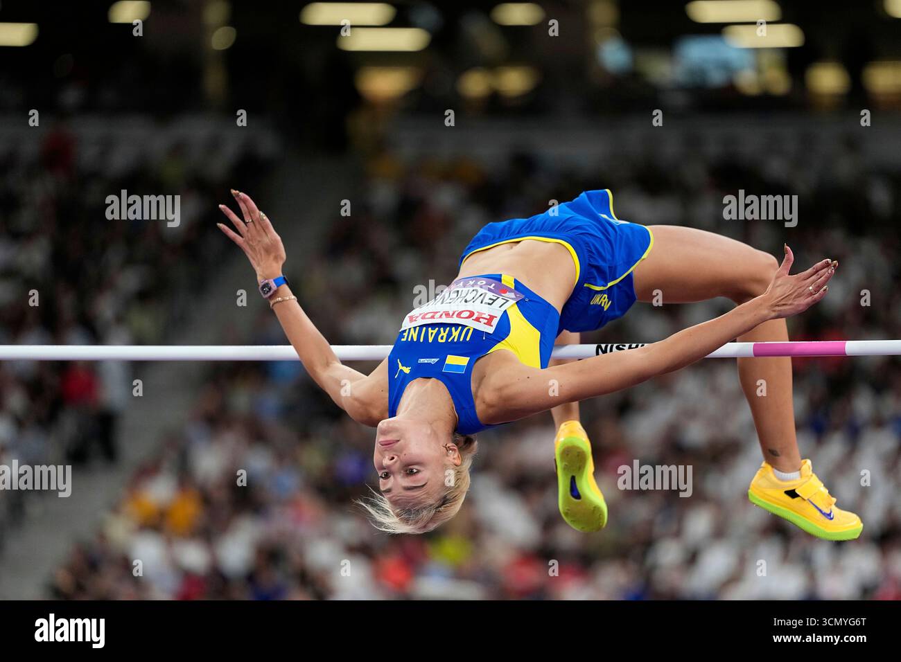Ukraine's Yuliia Levchenko makes an attempt in the women's high jump ...
