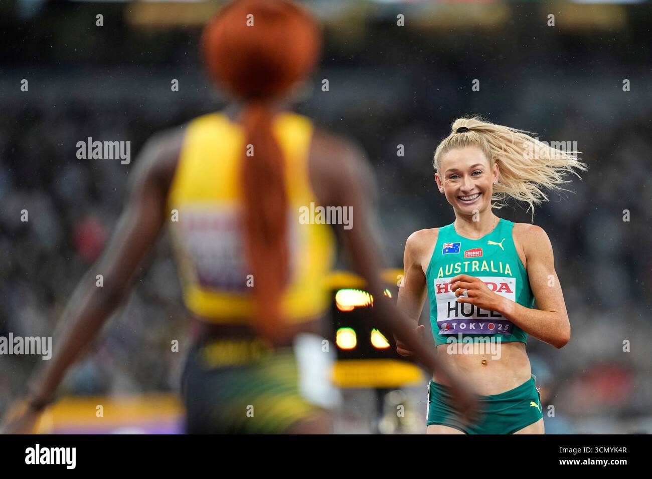 Australia's Jessica Hull is greeted by Jamaica's Natoya Goule-Toppin ...